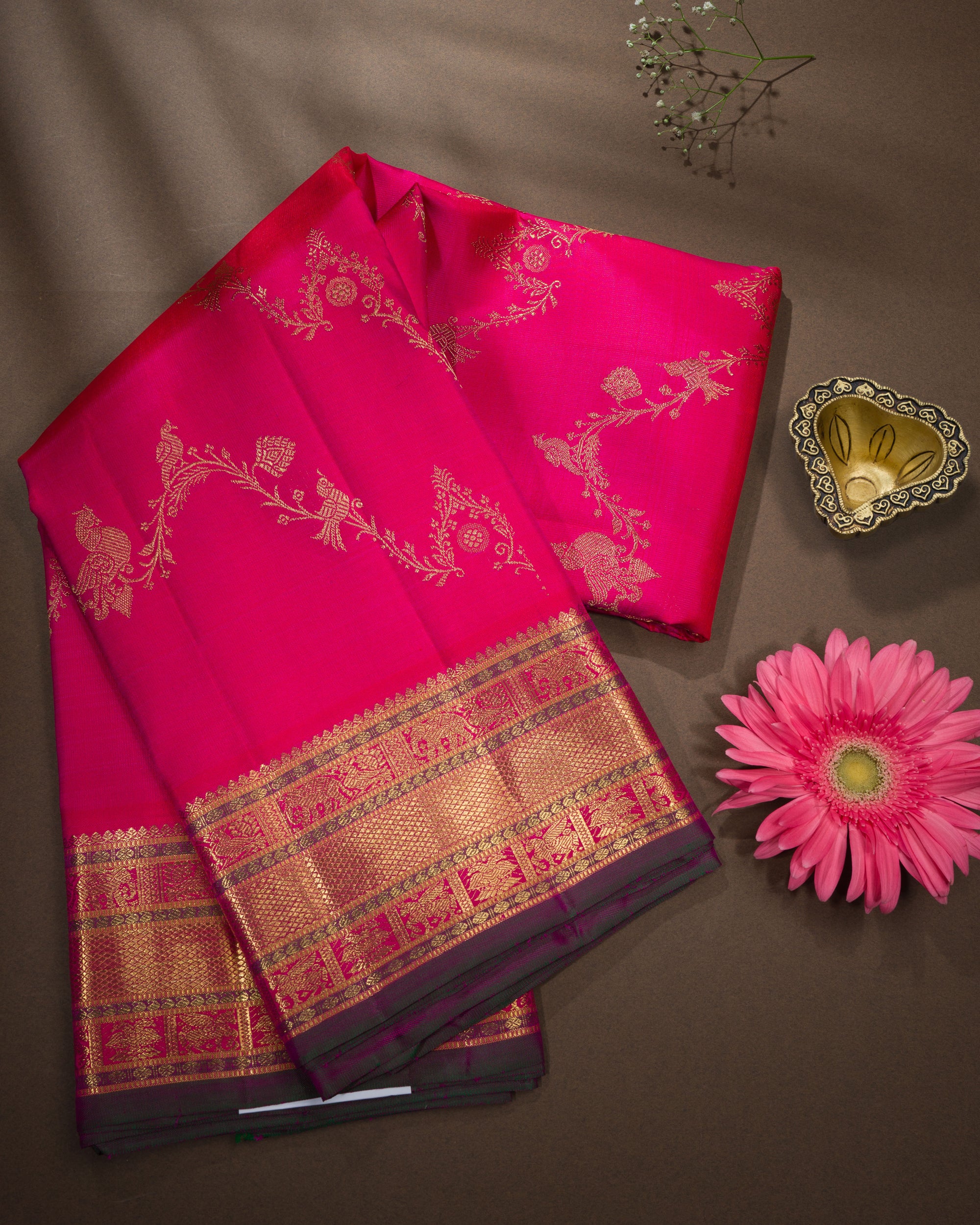 Deep Rani Pink Brocade Kanjivaram Silk Saree | The Saffron House