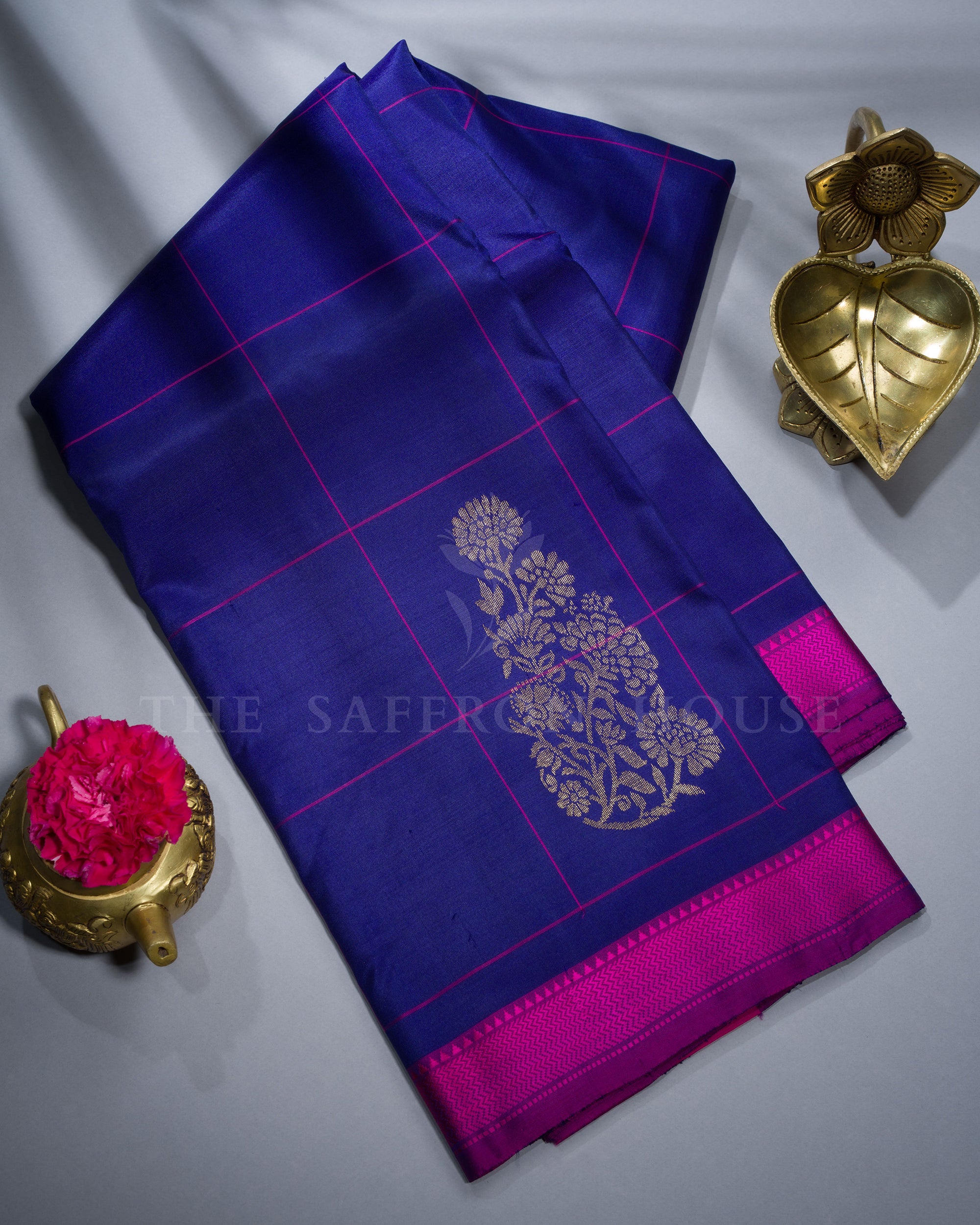 Blue And Rani Pink Kattam Kanjivaram Silk Saree | The Saffron House